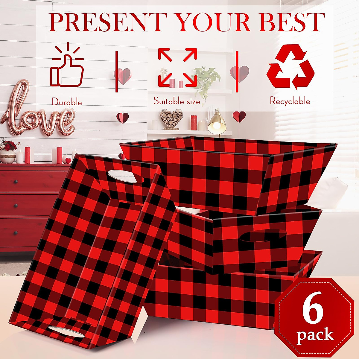 22 Pcs Basket for Gifts Empty Kit Includes 6 Pcs Gift Basket Empty to Fill 6 Pcs Clear Gift Bags 10 Pull Bows Market Tray Favor for Valentines Wedding Holiday Birthday Gift Package (Red Black Plaid)