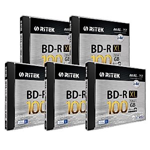 5 Pack Ritek BD-R XL BDXL 100GB Archival Grade Triple Layers 4X White Inkjet Hub Printable Blank Disc w/Standard Jewel Case