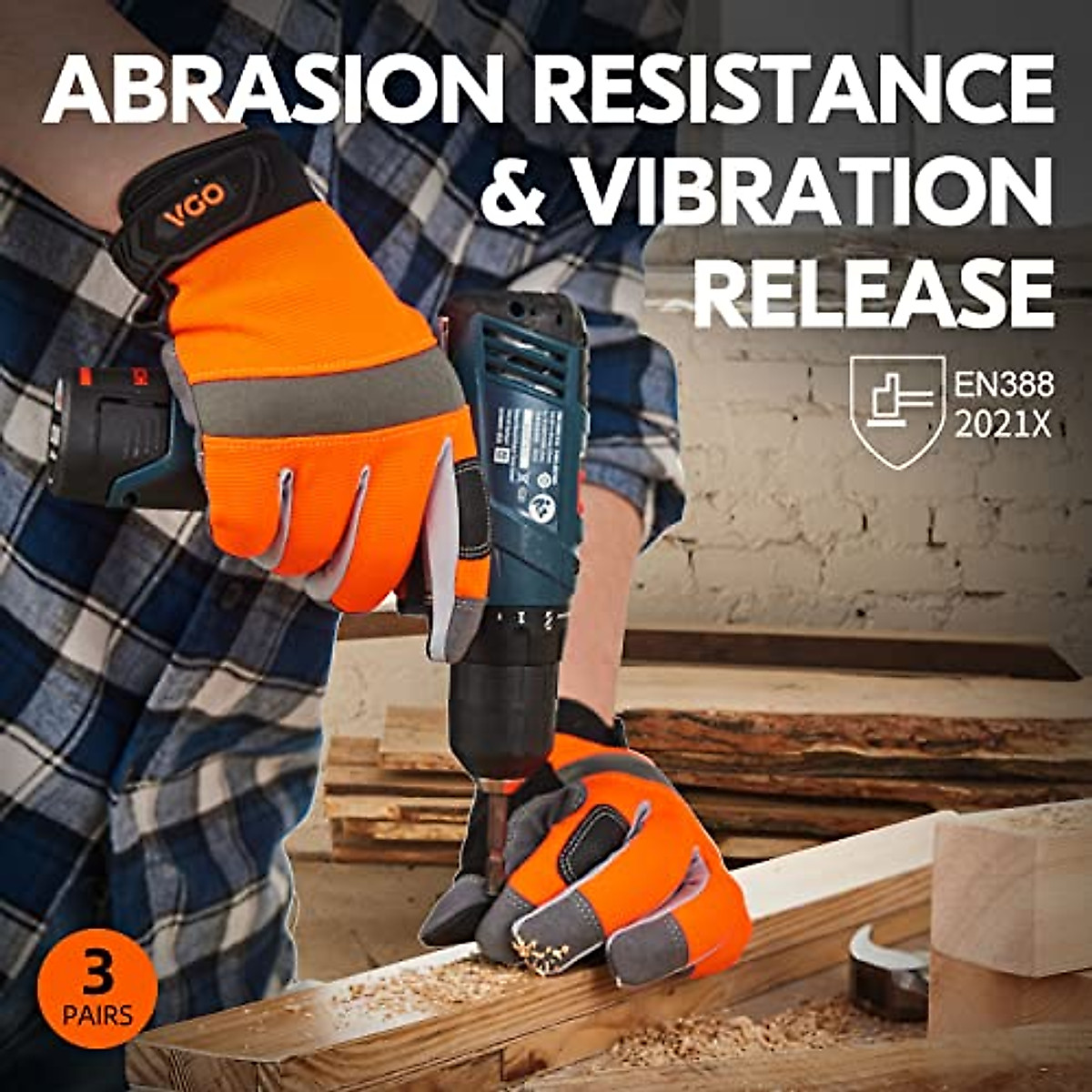 Vgo... 3-Pair Safety Work Gloves, Light Duty Mechanic Gloves(Size L, 3Colors,SL7584)