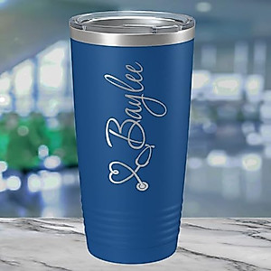 Personalized Heart Stethoscope Tumbler Gift for Nurse, RN, LPN, CNA, CMA, MA Laser Engraved on Blue 20 oz Stainless Steel Tumbler with Lid - Insulated Cup - Custom Travel Mug