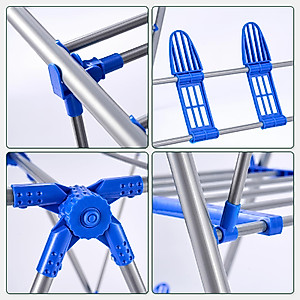 BKTD Clothes Drying Rack, 2 Tier Stainless Steel Laundry Drying Rack with Sock Clips, Foldable Free Standing Drying Rack Clothing with Height Adjusted Wings, Space Saving Indoor Outdoor, Silver Blue.