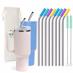 8 Piece 5/16 inch (8mm) Wide Bent Stainless Steel Straws for 40 oz Tumbler with Handle, 12 Inch Long Reusable Metal Drinking Straws, Replacement Straws with Silicone Tips & Cleaning Brush, Silver