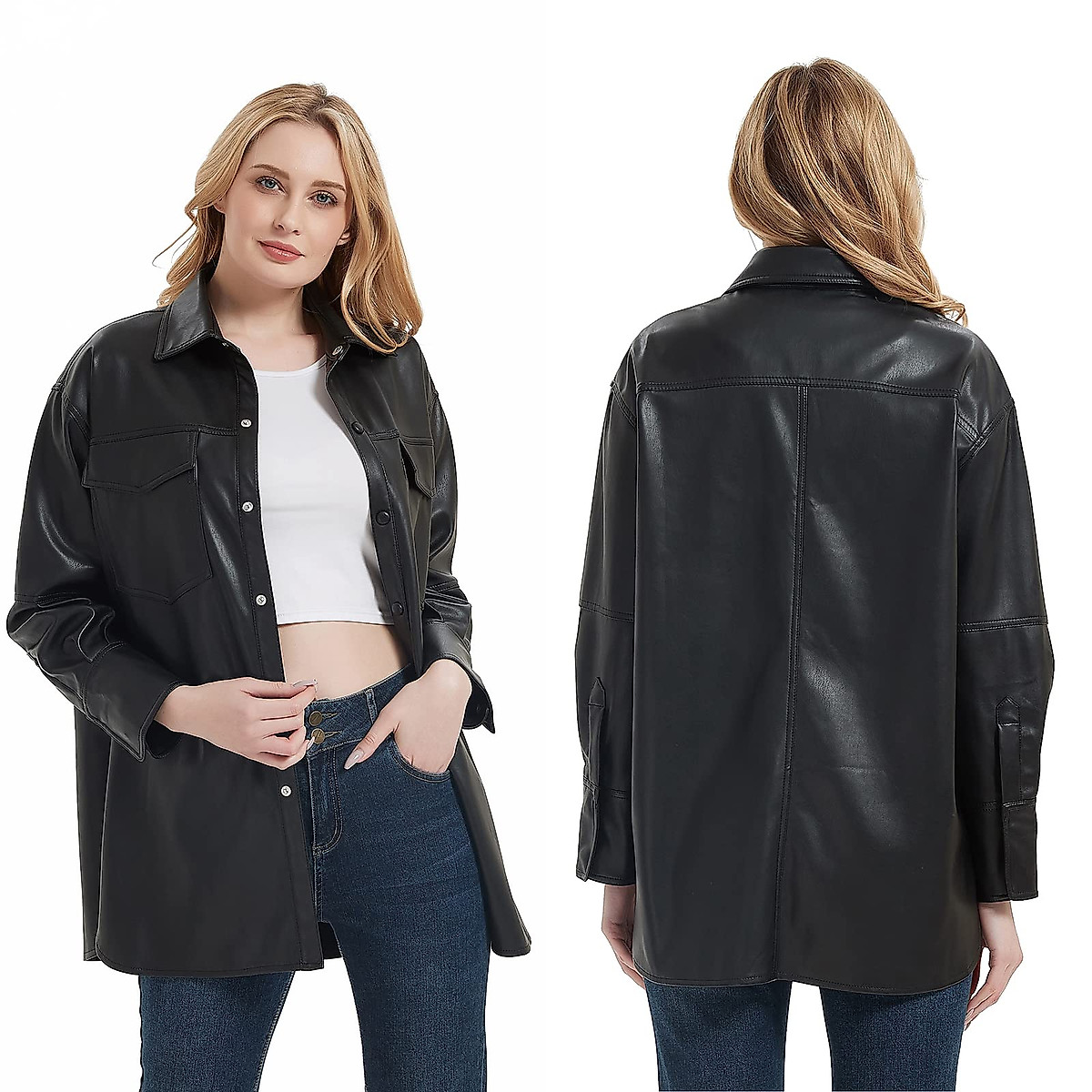 RISISSIDA Women Faux Leather Shacket Jacket,Vegan Pleather Long Sleeve Shirts Black 21001 XX-L