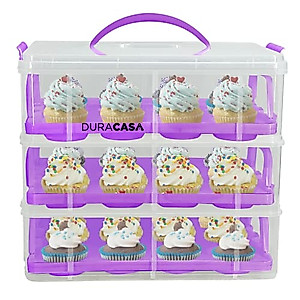DuraCasa Cupcake Carrier | Premium Upgraded Model Holds Cupcakes Steadier | Stacking Cupcake Storage Container | Use 1, 2, or 3 Tiers (Purple)