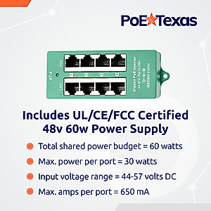 PoE Texas 4 Port PoE/PoE+ Injector with 48V 60W Power Supply - Gigabit Injector - Active Mode A Power Over Ethernet Multi Port PoE Adapter - Supports 4 PoE (802.3af or at) up to 60 watts