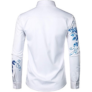 ZEROYAA Men's Hipster Rose Floral Printed Slim Fit Long Sleeve Button Up Party Dress Shirts ZZCL63 White Royal X Large