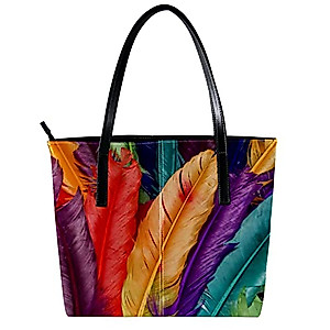Large Leather Tote Bag Colorful Feather Pattern Handbag for Office College School