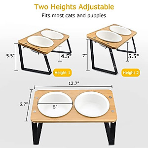 Elevated Ceramic Cat Bowls,15° Tilted Cat Bowls Stand for Food and Water,Adjustable Heights Raised Pet Feeding Dish with Bamboo Stand for Cats and Small Dogs,Anti Vomiting Cat Food Table