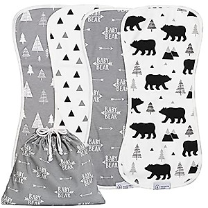 Pondering Pine Organic Burp Cloths with Burp Cloth Bag - Baby Bear Burping Cloths for Boy or Girl - XLarge Soft Spit Up Rags, Extra Absorbent, Woodland Nursery, 4 Pack