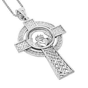 Honolulu Jewelry Company Sterling Silver Irish Claddagh Celtic Cross Pendant with 18" Box Chain