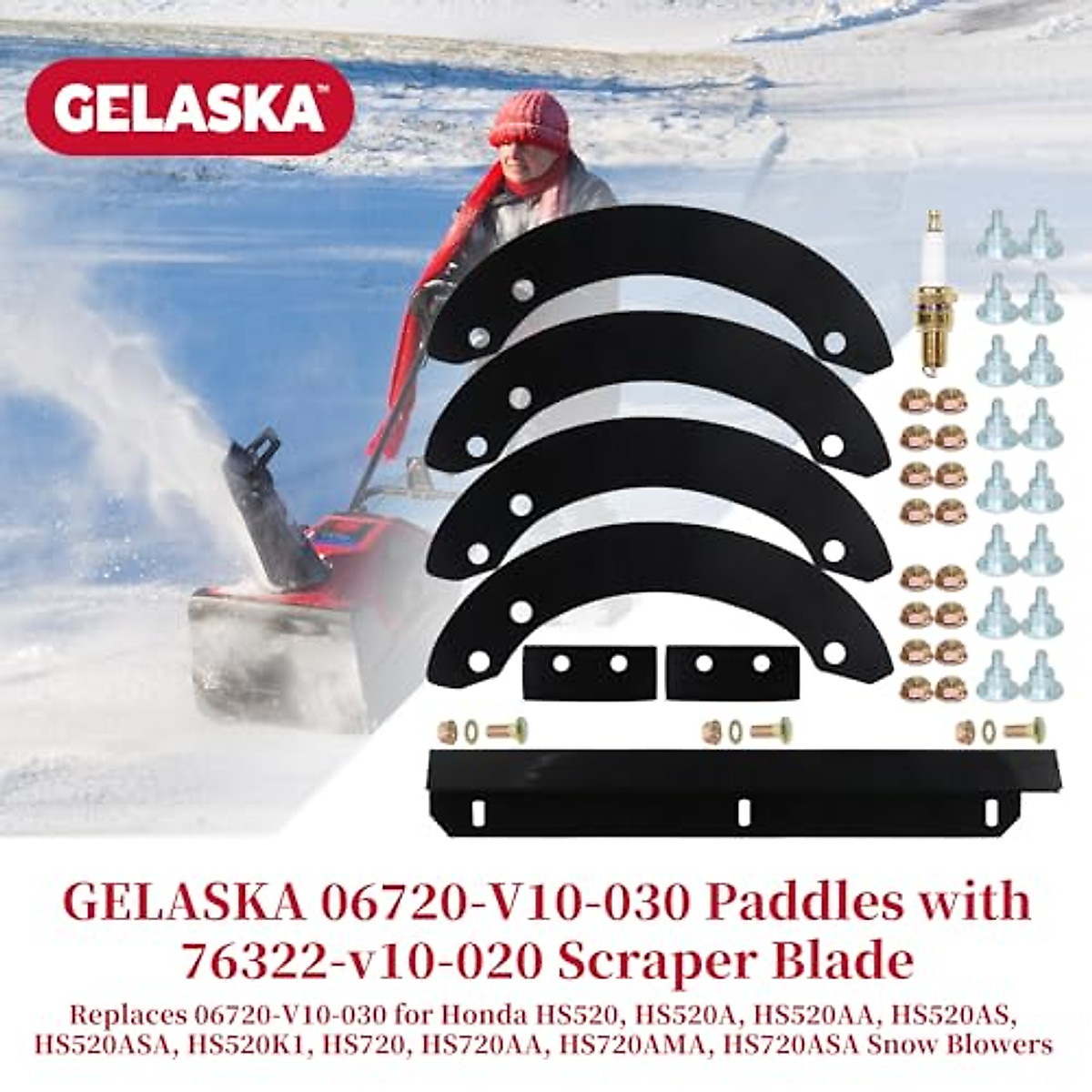 GELASKA HS520 Paddles with 76322-v10-020 Scraper Blade Replaces 06720-V10-030, 06720-V10-020 for Honda HS520 Paddles, HS520A HS520AA HS520AS HS520ASA HS520K1 HS720 HS720AA HS720AMA HS720ASA Snowblower