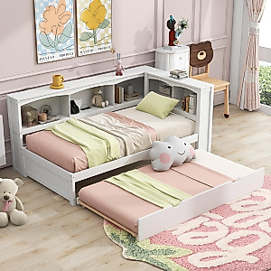 DNChuan L-Shaped Twin Bookcase Bed with Trundle,Daybed with Storage Bookshelf Headboard and USB Ports for Kids Girls Boys-White