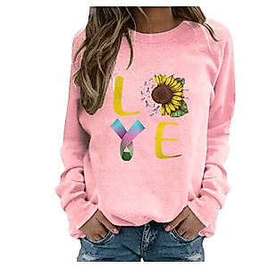 Casual Tops for Women Cute Printed Round Neck Long Sleeve Pullover Plus Size Loose Fit Autumn Outwear Sweatshirt Blouse Pink