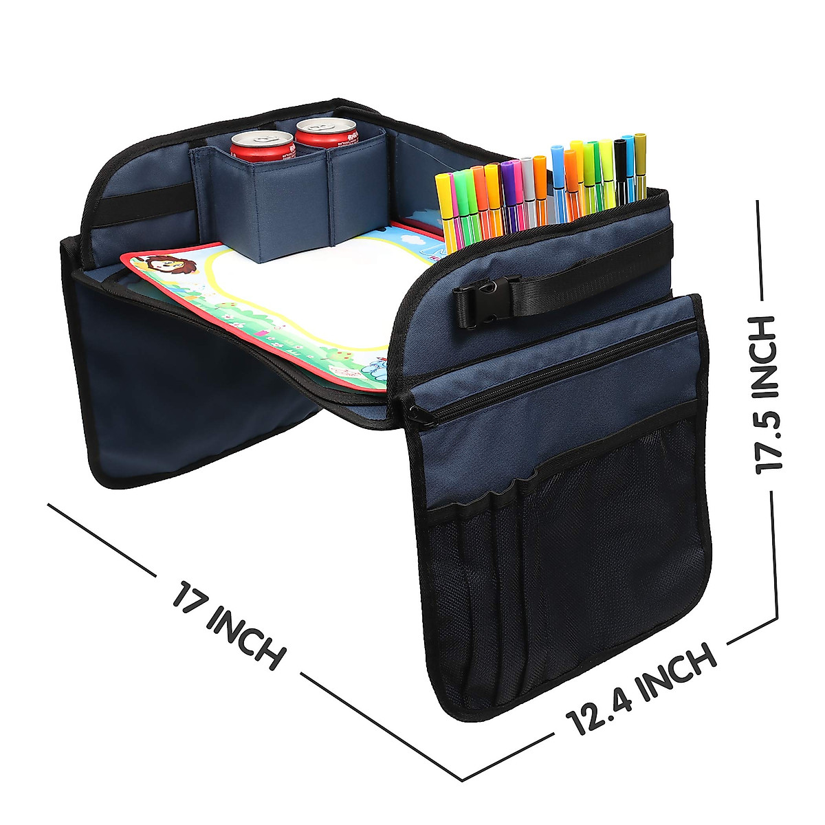 Becko Children’s Travel Toy Tray Kids’ Car Seat Snack, Game Tray Activity Table for Stroller, Car, Airplane, Road Trip with Doodle Mat, Foldaway & Portable