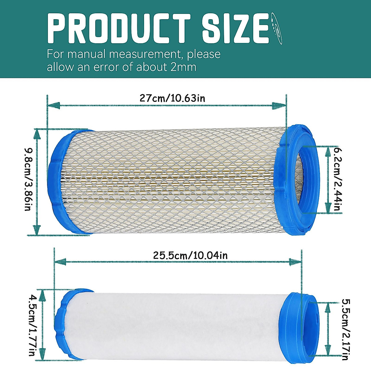 2508301-S Outer Air Filter & 2508304-S Inner for Kawasaki 11013-7020 11013-7019 11013-7044 11013-7045 M131802 M131803 FX651V FD731V FD750D FD791D FH601V FH641V FH680V FH721V Lawn Mower