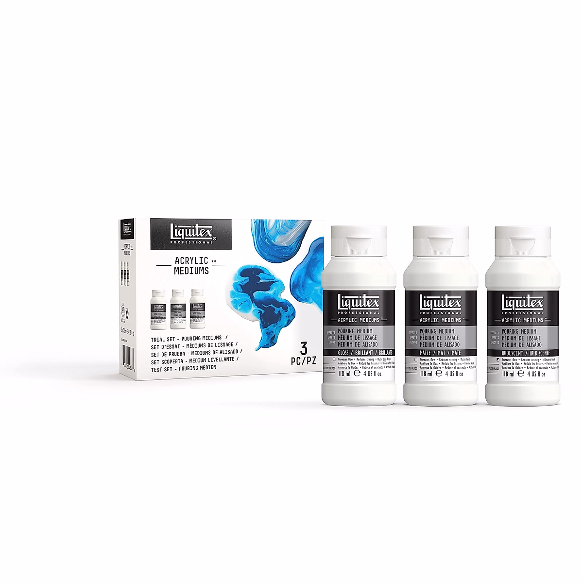 Liquitex Professional Pouring Medium Trial Set, Includes 3 x 4-oz Pouring Medium, Gloss, Matte, and Iridescent