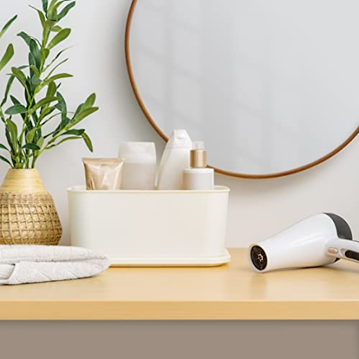 IRIS USA Plastic Modular Basket Bin & Lid, Small, 4-Pack, Stackable Lidded Storage Organizer Bins for-Kitchen-Bathroom and Bedroom, OFF White