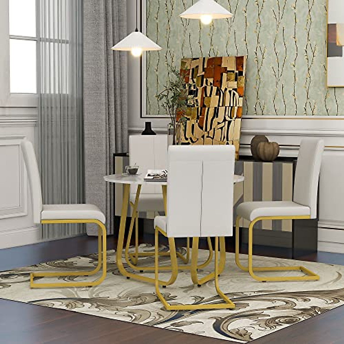 TARTOP 5-Piece Round Dining Furniture Set with Faux Marble Table and Four Chairs with Metal Legs for Kitchen, and Living Room, 5Pcs, White