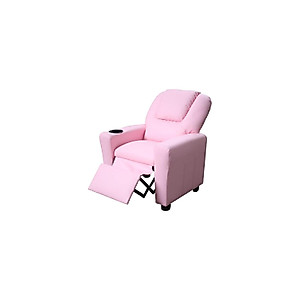 HomeStock Timeless Trends PU Leather Kids Recliner Chair with Cup Holder, Black Plastic Legs, and Non-Removable Cushions, Pink Recliner Chair for Children