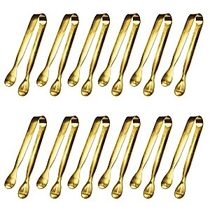 JCREN 12 Pcs Serving Tongs, Small Serving Utensils for Parties Catering Gold Tongs, Food-Grade 304 Stainless Steel Mini Serving Tongs Appetizer Tongs for Tea Party Coffee Bar, 4" Sugar Tongs - Gold