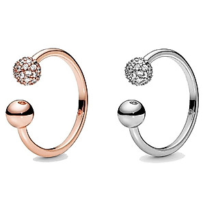 YENAKING Authentic Silver Sparkling Rose Polished & Pave Bead Open With Crystal Ring For Women Wedding Party Fashion Jewelry