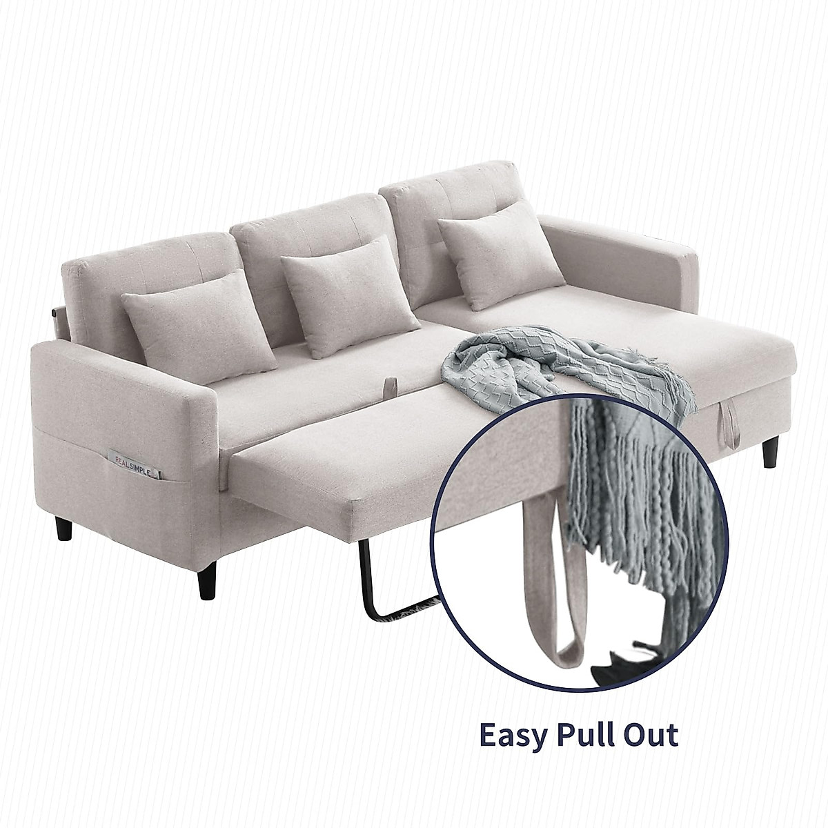 ZAFLY Folding Sofa Bed, Convertible Sectional Sleeper Sofa with Storage Chaise, 91 Inch Pull Out Couch, L-Shape Sofa Couch, Linen Upholstered 2 in 1 Sofa Bed for Living Room Office Apartment - Beige