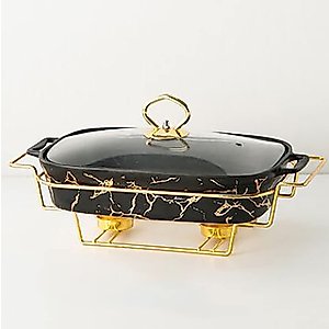 WCCCW Ceramics Chafing Dish Buffet Set, Marble Finish Chafing Dish, Rectangular Chafers for Buffet/Weddings/Parties/Banquets/Catering Events,Black,B