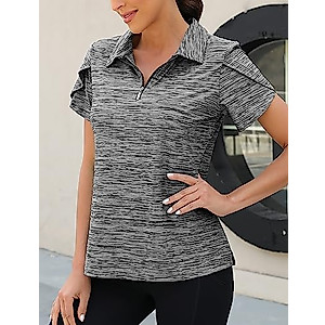 Viracy Golf Shirts Women, Collared T Shirts Overlap Short Sleeve 1/4 Zip Up Workout Tops Quick Dry Breathable Sun Protection Tops,Dark Grey-XL