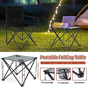 Leonyo 2 Pcs Camping Chairs with Table, Folding Chairs for Outside & Portable Camping Table, Oversized Heavy Duty Foldable Chair for Adults Fishing, Picnic, Hiking, Sports, Lawn, Travel - Black
