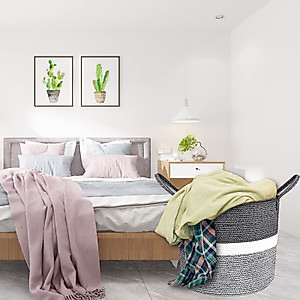 Laundry Hamper with Handles FULOOPHI Cotton Rope Woven Basket for Delicates Large Mesh Clothes Hamper for Washing Machine Pillows Towels Socks Shoes Kids Toys Trainers Travel Bedrooms Light Grey