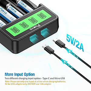 POWXS Universal Lithium 18650 Battery Charger for 3.7V Li-ion 18650 26650 18490 17670 17500 22650 21700 20700 18350 16340 RCR123A 14500, AA AAA & C Ni-MH Ni-CD Rechargeable Batteries