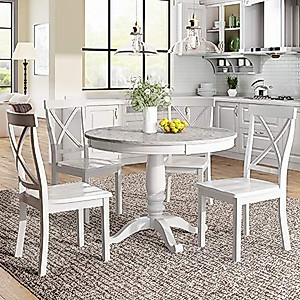 RUNWON 5-Piece Set Marble Top Round Dining Table and X Back Wood 4 Chairs for Kitchen Family, White