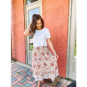 ZESICA Women's 2025 Summer Bohemian Floral Printed Elastic Waist A Line Maxi Skirt with Pockets,Floral White,Medium