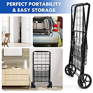 COSTWAY Folding Shopping Cart, Extra Jumbo Double Basket Grocery Cart with 360° Swivel Rolling Bearing Wheels, Dense Metal Mesh Base, Large Capacity Utility Cart for Market, Grocery, Laundry (Black)