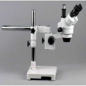 AmScope SM-3TZ Professional Trinocular Stereo Zoom Microscope, WH10x Eyepieces, 3.5X-90X Magnification, 0.7X-4.5X Zoom Objective, Ambient Lighting, Single-Arm Boom Stand, Includes 0.5X and 2.0X Barlow Lenses