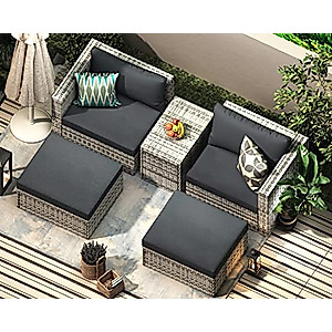 CHINNLUU 5 Pieces Patio Furniture Set Outdoor Wicker Patio Sofa Washable All-Weathe Sectional Conversation Set with Cushion and Glass Table (Grey)