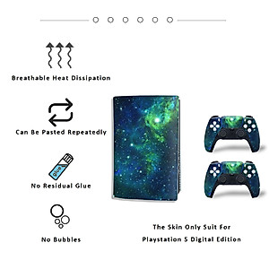 PS5 Skin Digital Edition Console and Controller, PS5 Stickers Vinyl Decals for Playstation 5 Console and Controllers, Digital Edition (Green Starry Sky)