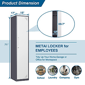 PEUKC Metal Storage Locker, 71" Tall Locker Storage Cabinet for Employees, Steel Storage Cabinet Locker with Lock and Keys for School, Gym, Home, Office Staff(1 Door-Grey)