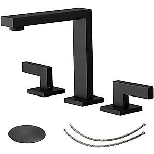 BWE Widespread Bathroom Faucet 3 Hole Matte Black with Pop Up Drain Assembly and Supply Hose Bathroom Faucets for Sink 2-Handle 3 Pieces 8 Inch Basin Lavatory Mixer Tap Lead-Free