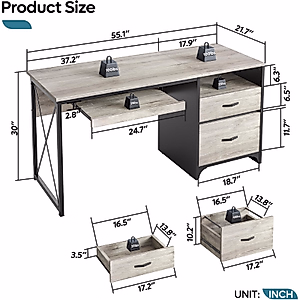Bestier Office Desk with Drawers, 55 inch Industrial Computer Desk with Storage, Wood Teacher Desk with Keyboard Tray & File Drawer for Home Office, Light Gray Oak