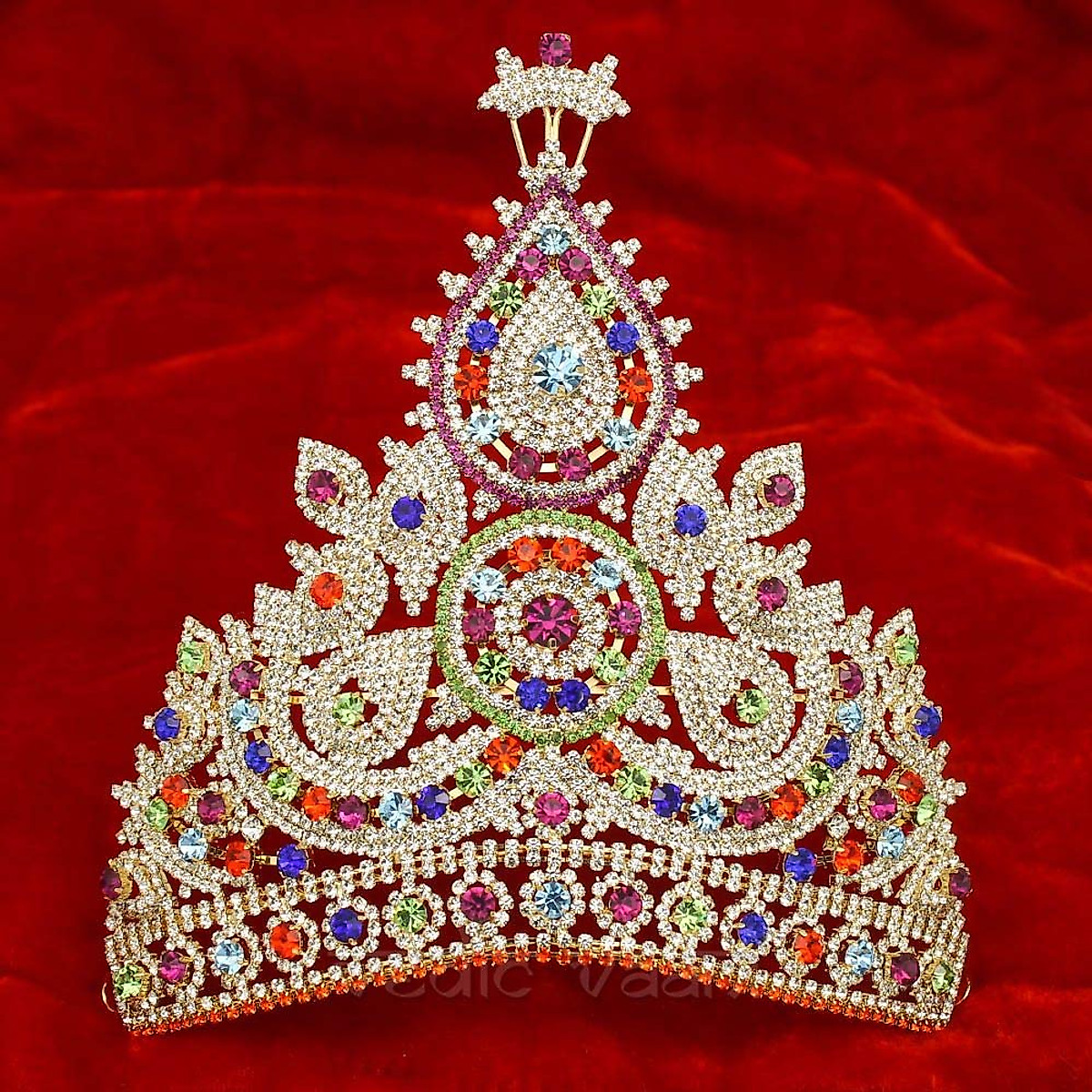 Vedic Vaani Elegant Navratri Goddesses Maa Navdurga Sherawali MATA Multicolour Gemstones Decorative Mukut/Crown/Handmade Designer Taj for Navdurga Festival, Puja, Goddess Idol/Statue