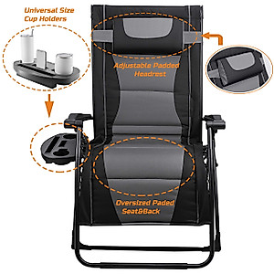 Adako USA XXL Oversize Recliner Folding Chair for Camping Patio Outdoors Zero Gravity Extra Wide Reclining Padded Seats with Sunshade and Cup Holder Tray [Heavy Duty]