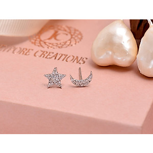 Certified 14K Solid Gold Star Moon Stud Earrings 0.13 Carat Natural Brilliant Cut Diamonds (G-H Color, SI1-SI2 Clarity) Fine Jewelry for Women Gifts for her