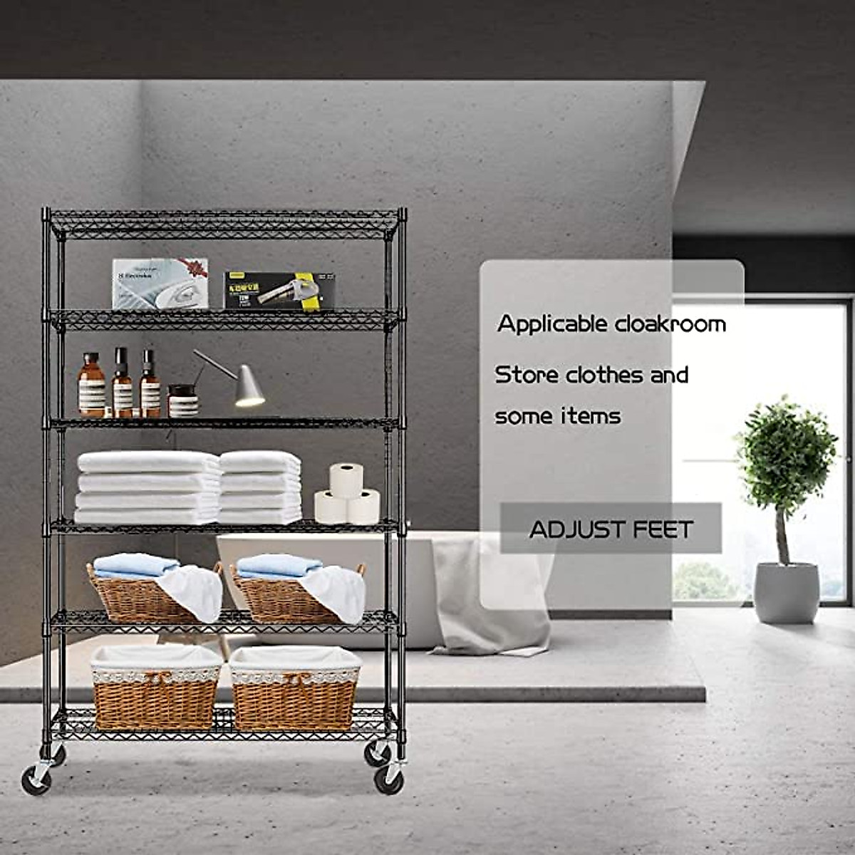 HCB 6-Tier Storage Shelf Heavy Duty Wire Shelving Unit 76"x48"x18" Height Adjustable Metal Steel Wire with Casters for Restaurant Garage Pantry Kitchen Rack (Black)