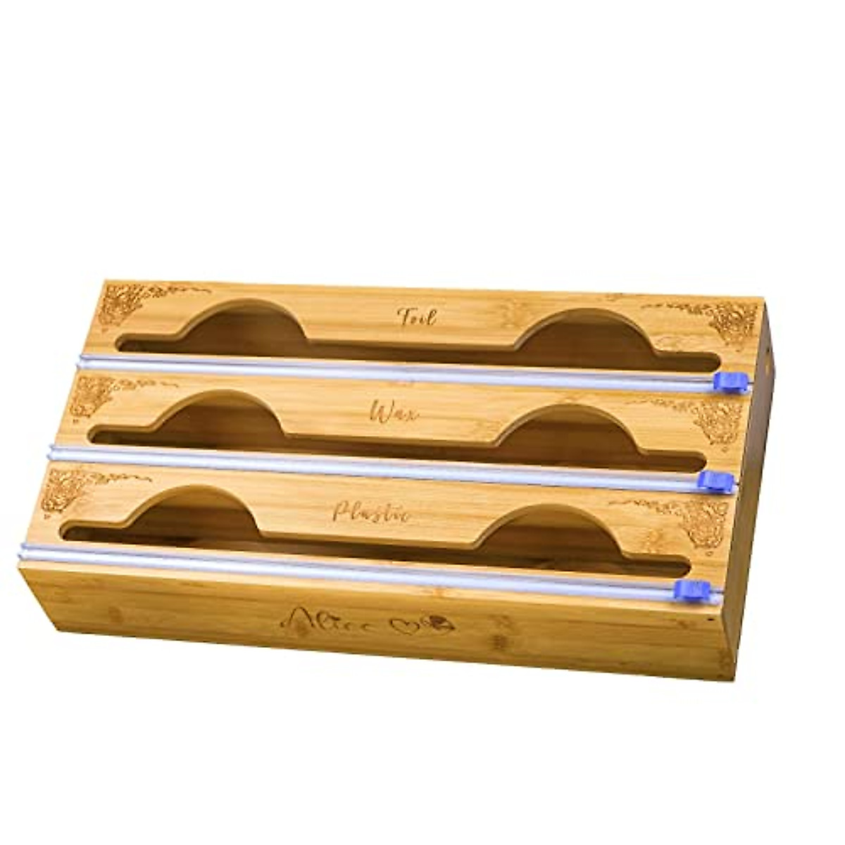 Alice 3-in-1 Foil and Plastic Wrap Organizer with Cutter | Compatible with Plastic Wrap, Aluminum Foil, and Wax Paper | Nature Bamboo Wrap Dispenser for Kitchen Storage Organization for 15 1/4" Roll