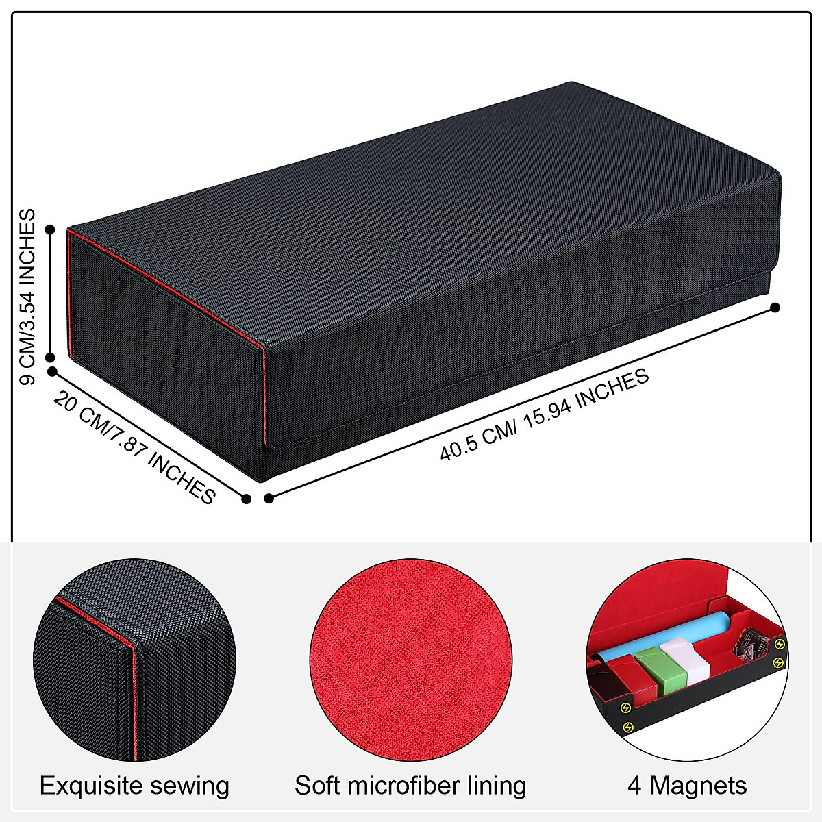 Kigeli Magnetic Card Game Deck Storage Box Fits 5 Decks Card Box with Mat Case and Removable Compartment Playing Deck Cards Box Compatible with MTG TCG Commander Card (Black and Red)