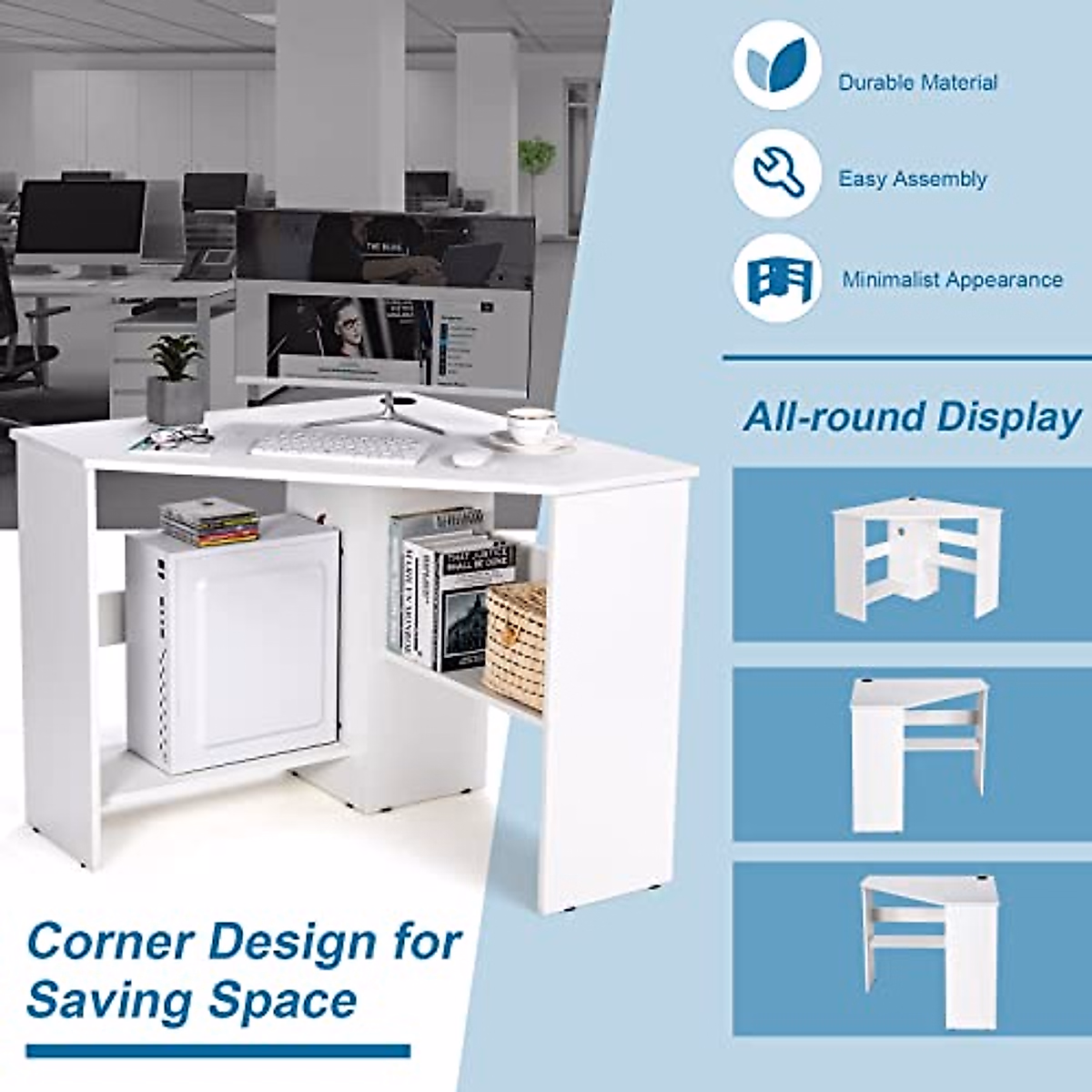 Tangkula White Corner Desk - 90 Degrees Triangle for Computer, Small Space, Bedroom, Makeup Vanity Desk with Storage Shelves & CPU Stand, Space Saving Writing Desk