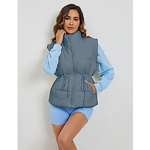 VAOYIU Womens Puffer Vest Adjustable Drawstring Waist Lightweight Quilted Zip Up Vest with Pockets(-Dustyblue-XL)
