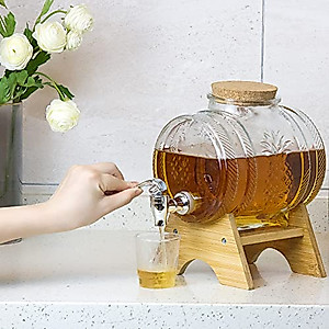 Kcgani 2.7L/0.7Gallon Glass Beverage Dispenser with Leak-proof Spigot, Drink Dispenser Barrel with Sturdy Bamboo Stand, Cold Drink Kettle Container for Fridge, Iced Tea, Lemonade, Bar, Party