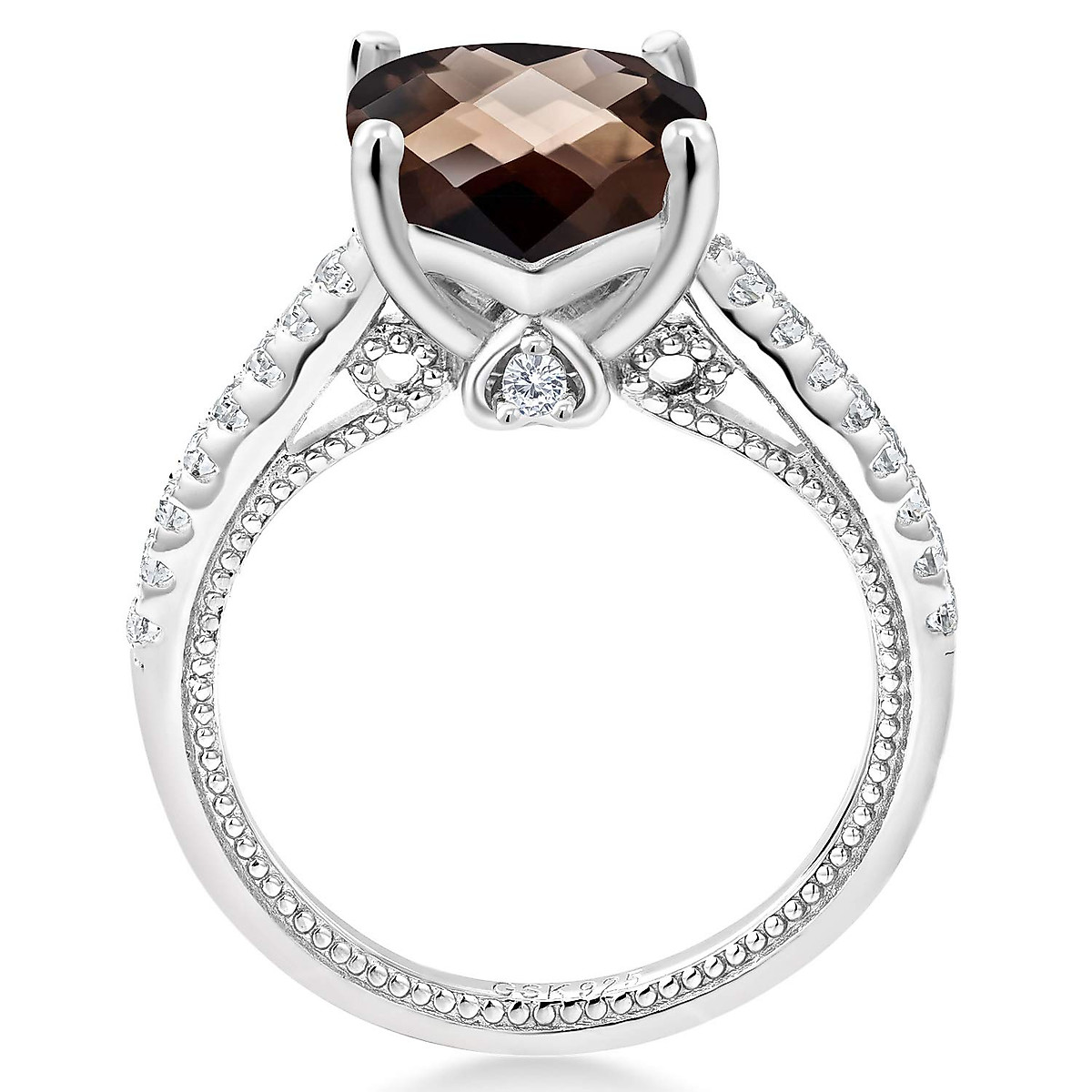 Gem Stone King 925 Sterling Silver Smoky Quartz and White Created Sapphire Engagement Ring For Women (4.12 Cttw, Cushion Checkerboard 10MM, Available in size 5, 6, 7, 8, 9)